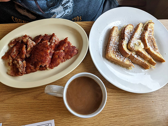 Scrapple and French toast—the breakfast version of "opposites attract." Sweet meets savory in this plate of morning perfection.