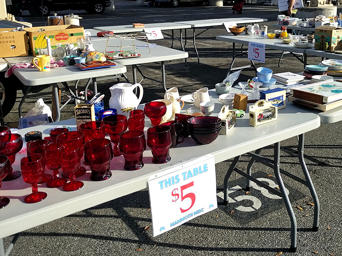 Ruby red glassware catching California sunshine like liquid garnets. At $5 per table, these vintage vessels are waiting to elevate your next dinner party.
