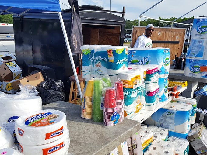 Paper towels to plastic cups—the practical side of flea market shopping. Sometimes the best deal isn't a treasure but everyday essentials at rock-bottom prices.