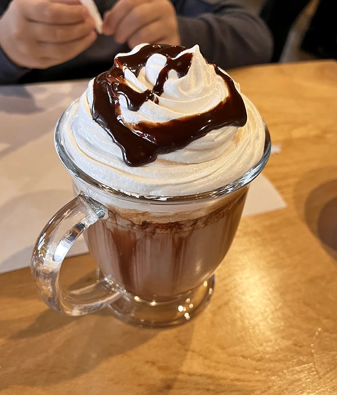 Hot chocolate that doesn't just warm your hands but restores your faith in humanity. That whipped cream mountain deserves its own zip code.