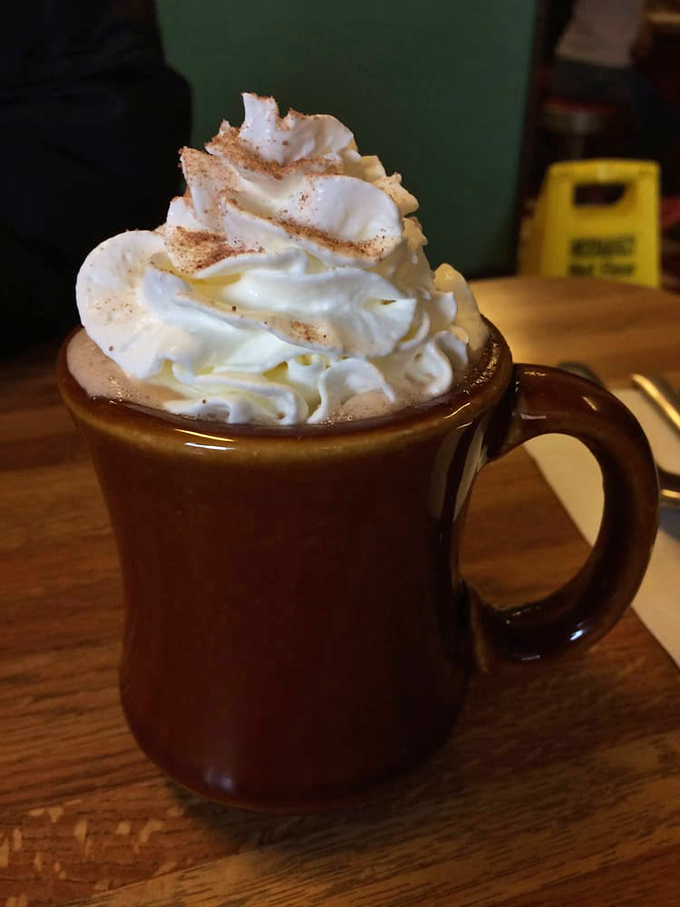 Hot chocolate that doesn't know it's not dessert, crowned with a whipped cream mountain that deserves its own topographical map.