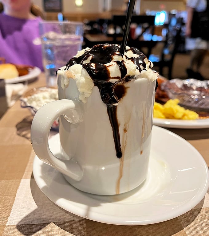 Hot chocolate that's dressed better than most people at formal events. That whipped cream mountain with chocolate lava could be a geological wonder.