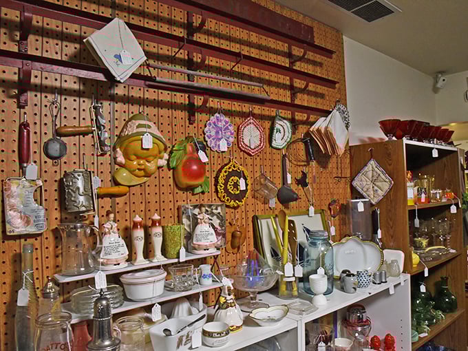 This pegboard paradise showcases kitchen gadgets that grandmother used, each hanging item a conversation starter about "the way things were."
