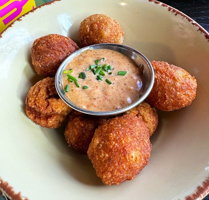 These hush puppies aren't just fried—they're spheres of crispy magic with dipping sauce. Southern comfort reimagined for the Ohio palate.