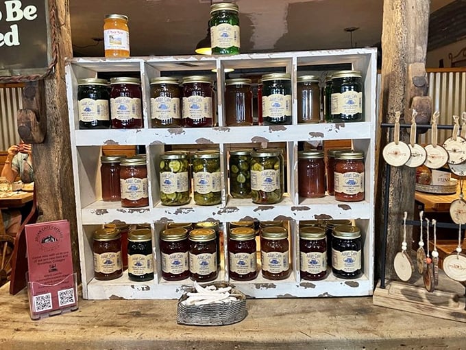 Shelves lined with homemade preserves and jams—liquid sunshine in jars waiting to brighten someone's morning toast.