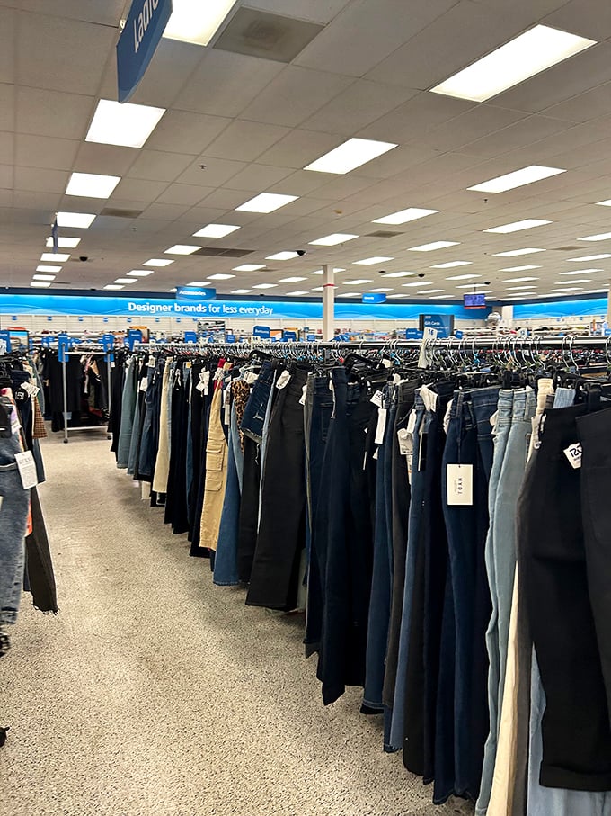 The denim district—where jeans of every era hang in perfect formation like a fashionable army awaiting deployment.