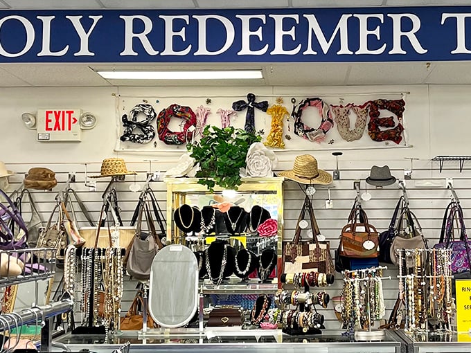 "Boutique" section with a handcrafted sign. Someone's craft project becomes another's treasure—the circle of thrift life continues.