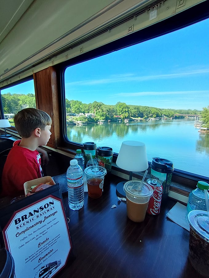 Childhood wonder captured: cold drinks, snacks, and a view that no iPad game could possibly compete with. Screen time of the finest variety.