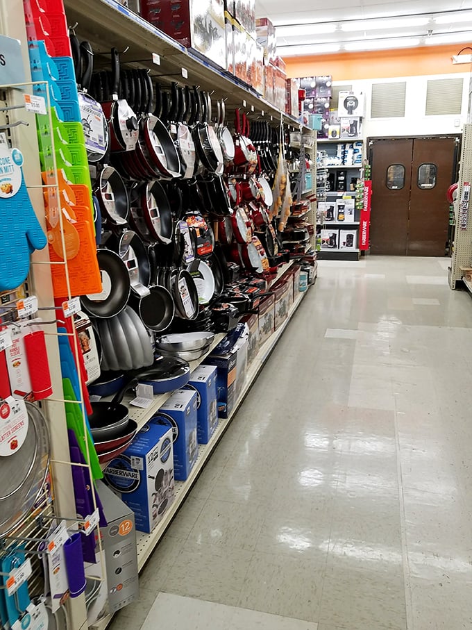 The kitchenware section stands ready to outfit aspiring chefs and microwave maestros alike – pans in every size for culinary adventures large and small.