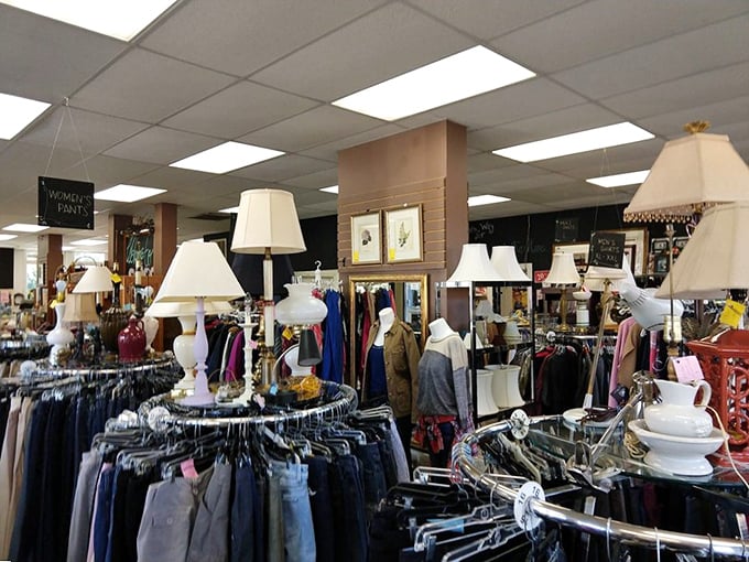 Lamp shopping becomes an illuminating experience amid racks of carefully curated clothing—proof that STARS shines in every department.