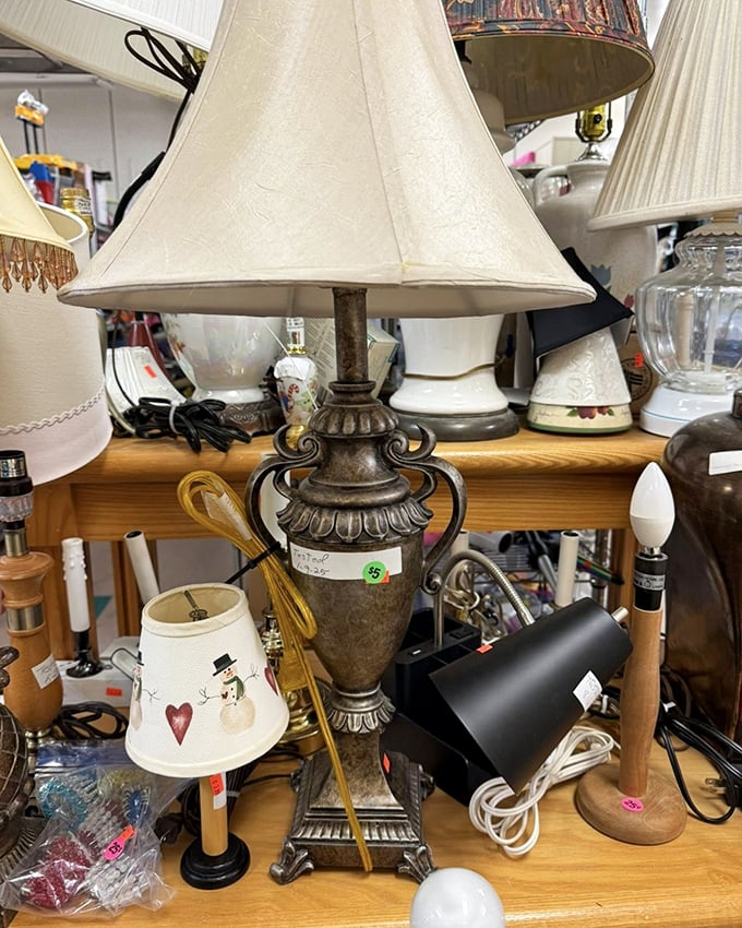 Lamp section illuminates both rooms and budgets. That ornate brass beauty costs less than your fancy coffee habit for a week.