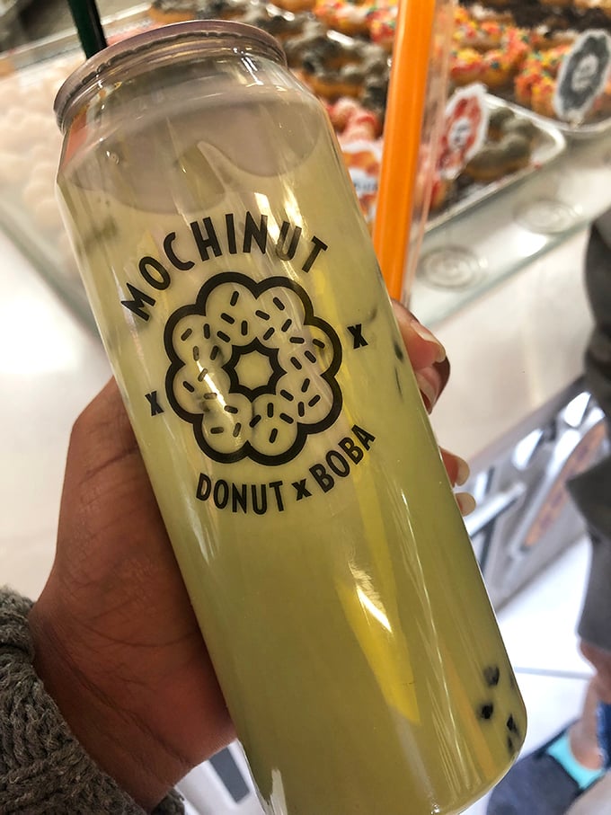 The matcha boba tea comes in a branded cup that's practically begging to be photographed before the first refreshing sip.