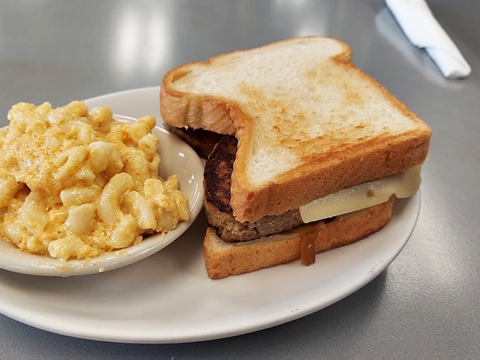 A sandwich that doesn't need fancy ingredients to impress—just honest cooking and perfect execution. That mac and cheese side isn't playing around either.