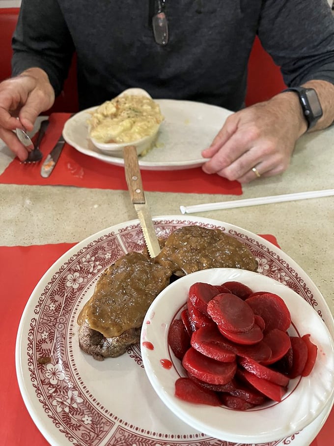 When meatloaf meets beets and gravy, it's not just dinner—it's a color palette of comfort that feeds your soul first, stomach second.