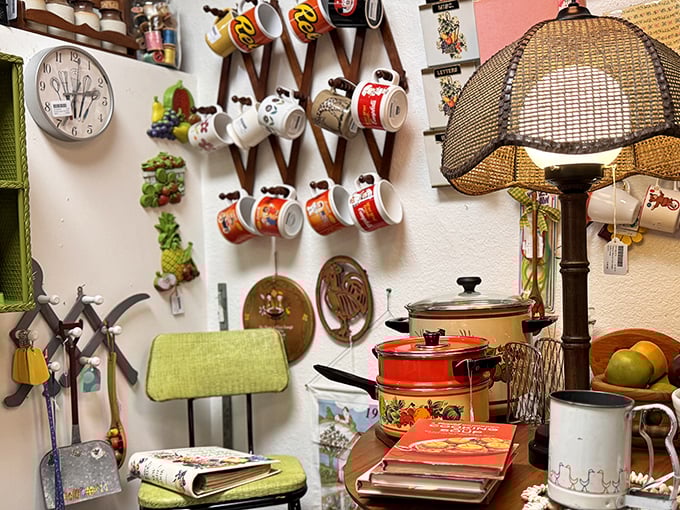 The mug wall—where coffee vessels from diners, roadside attractions, and family vacations find their second act. That expandable cup rack? Pure 1960s ingenuity.