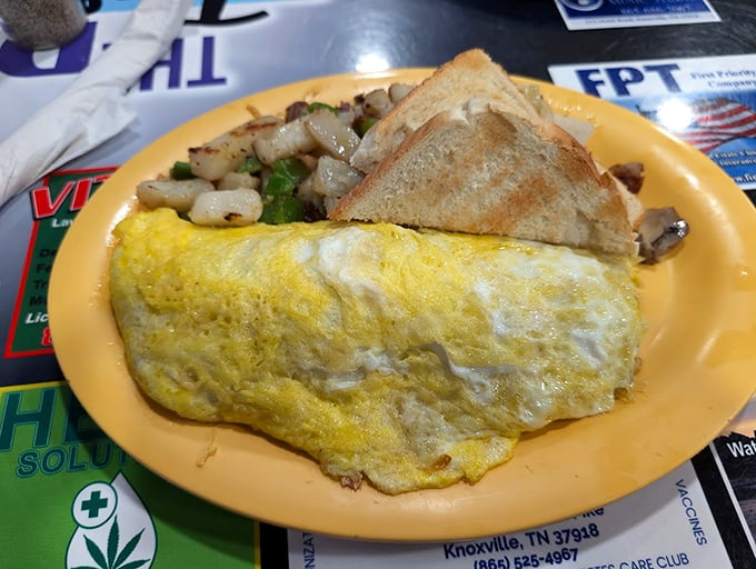 Breakfast artistry at its finest—a perfectly executed omelet alongside crispy potatoes and toast. Morning fuel that would make any farmer nod in approval.