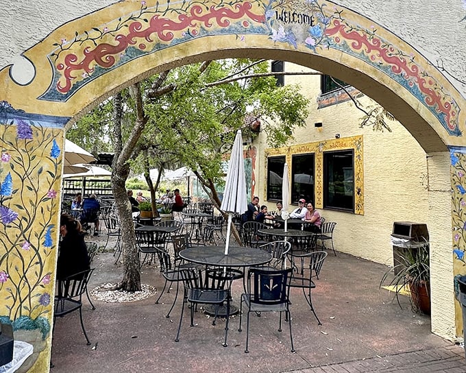 "Welcome" indeed! The charming courtyard dining area invites you to linger over coffee and pastries while imagining you're in a Bavarian village square.