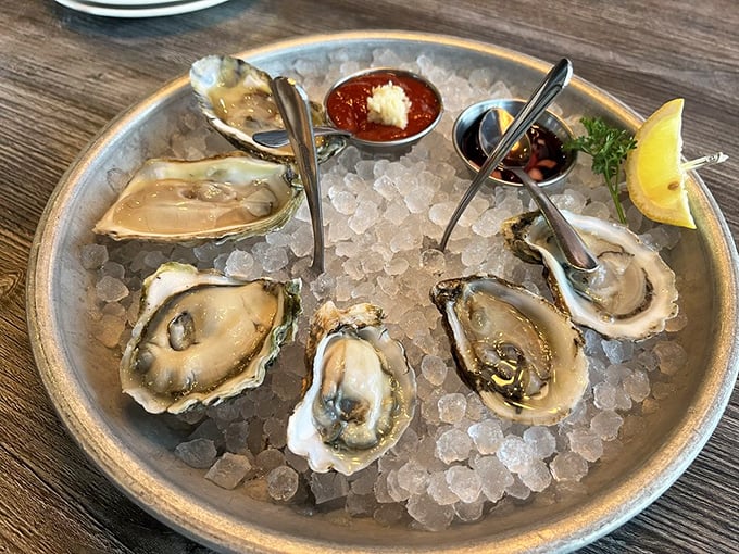 Fresh oysters on ice—nature's perfect appetizer that somehow traveled from ocean to Arizona without losing an ounce of briny brilliance.
