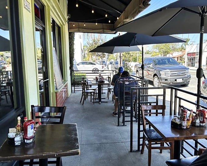 The patio at Blackbird offers prime people-watching with your pancakes—a quintessential California breakfast experience where the weather is always a willing participant.