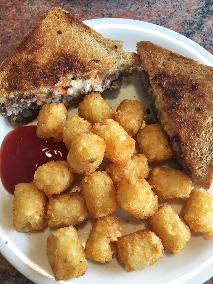 The patty melt and tater tots combo proves that sometimes the simplest pleasures—melted cheese, grilled bread, seasoned meat—are life's greatest luxuries.