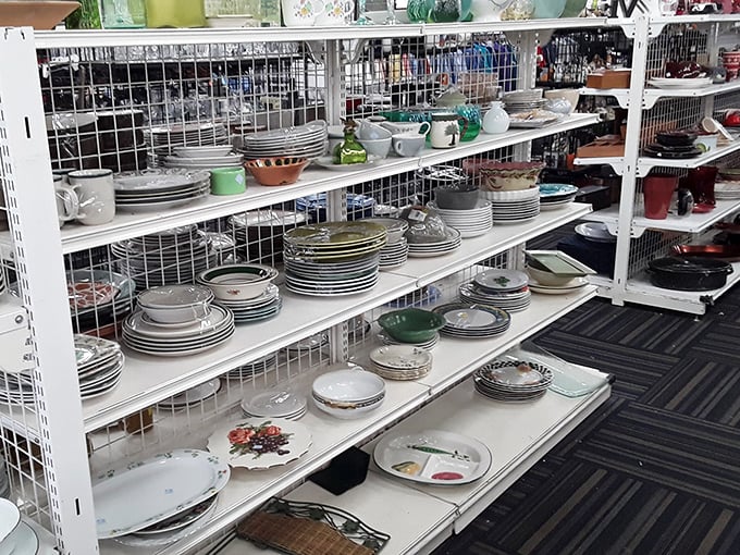 Plates upon plates upon plates! Grandma's china mingles with retro Corelle in this tableware time machine of dining possibilities.