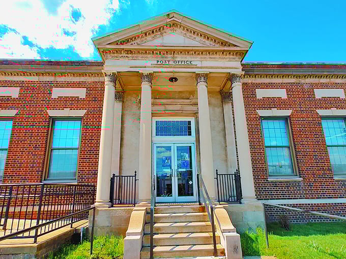 The Post Office's classical columns give everyday mail transactions a touch of governmental grandeur—Rome meets rural Pennsylvania.