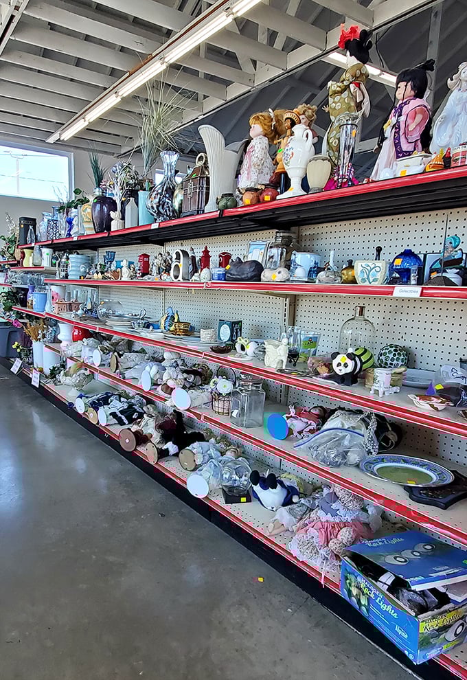 Shelves packed with decorative treasures, from porcelain figurines to vases—each item with its own story waiting to be continued.