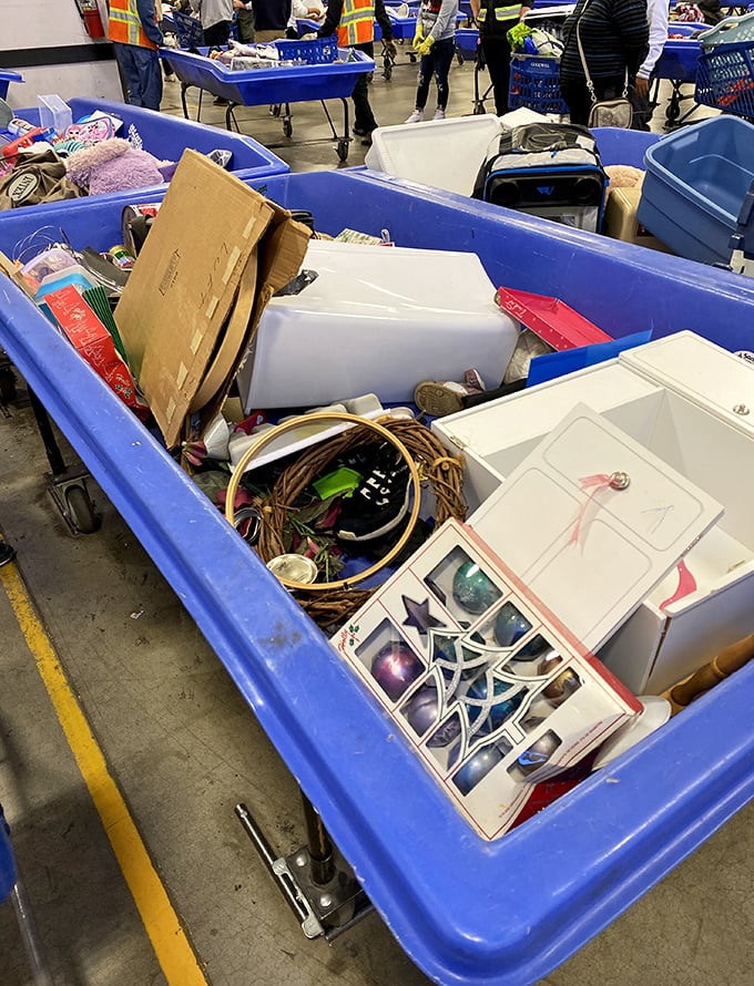 Organized chaos at its finest—holiday decorations mingle with kitchen gadgets in these blue bins of possibility. Dig deep, friends.