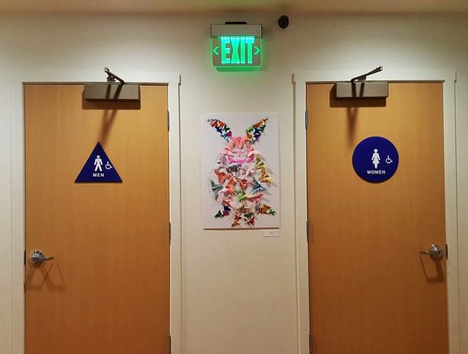 Even the restrooms celebrate creativity – where else can you contemplate origami wildlife while contemplating nature's call?