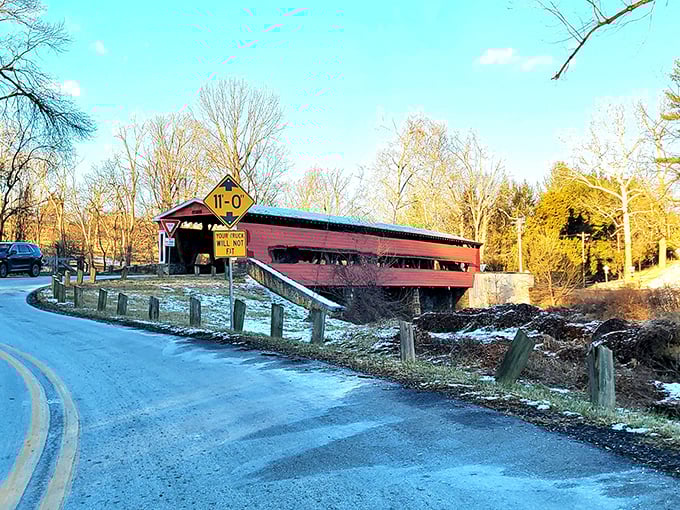 The approach to Smith's Bridge in winter feels like driving into a Robert Frost poem—complete with snowy banks and that road less traveled.