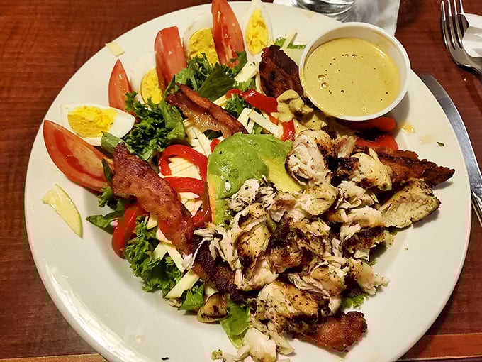 A salad that doesn't apologize for being healthy – it's too busy showing off perfectly grilled chicken and a supporting cast of fresh ingredients.