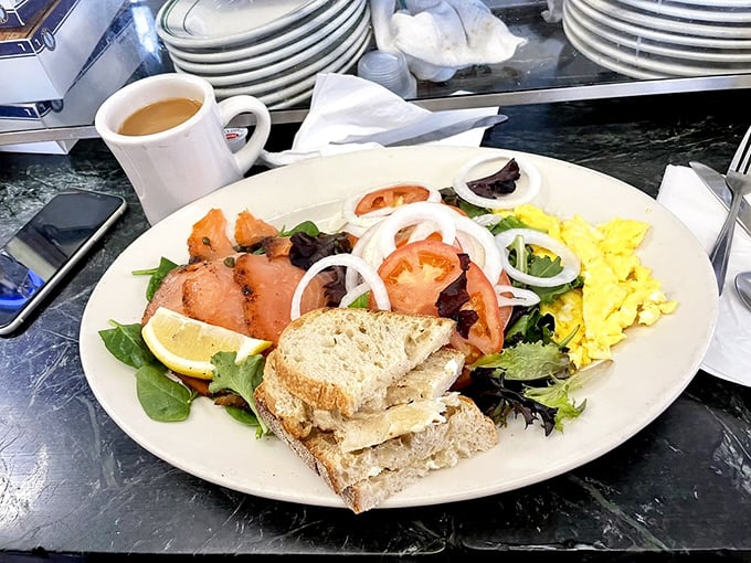 Smoked salmon that would make a bear jealous, paired with the bright pop of fresh vegetables and sunny scrambled eggs.