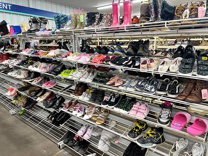 Footwear fantasyland where practical boots sit alongside sparkly heels, proving Wisconsin feet are ready for anything from barn dances to job interviews.