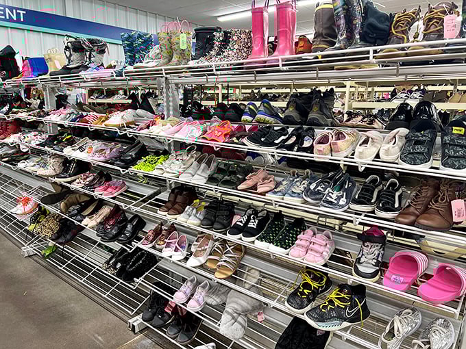 Shoe paradise or footwear purgatory? Depends on your patience for trying on other people's almost-new boots while sitting on those tiny metal benches.