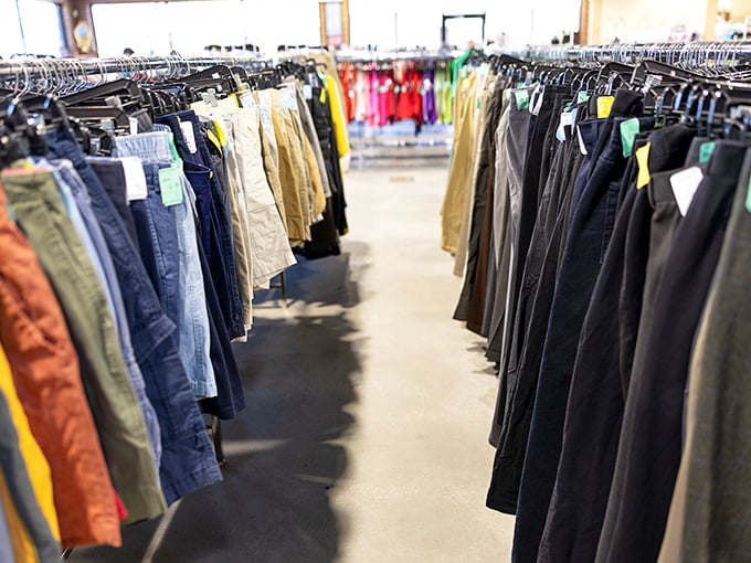 Denim alley—where pants of all persuasions wait for their second act. Like a reunion of old friends who've lived interesting lives.