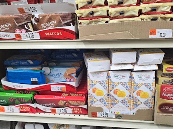 International snack diplomacy in action – Ukrainian Roshen wafers sharing shelf space with treats from around the globe.