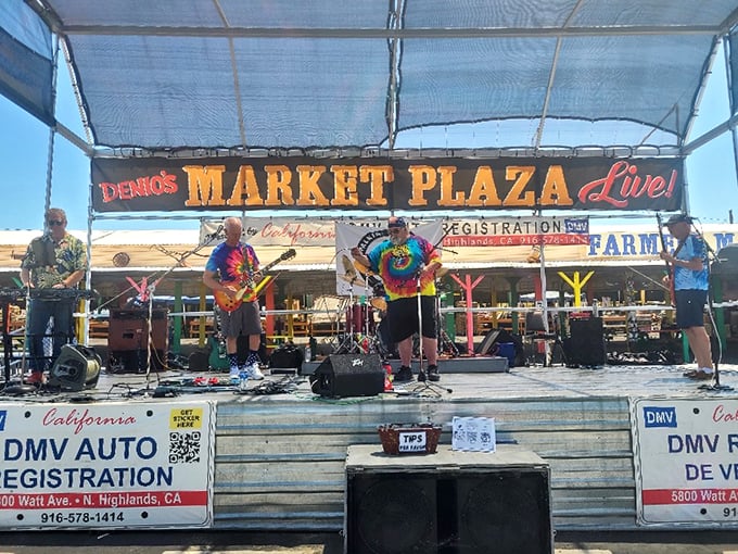 Live music adds soundtrack magic to the market experience. These tie-dyed troubadours bring weekend vibes that pair perfectly with treasure hunting.