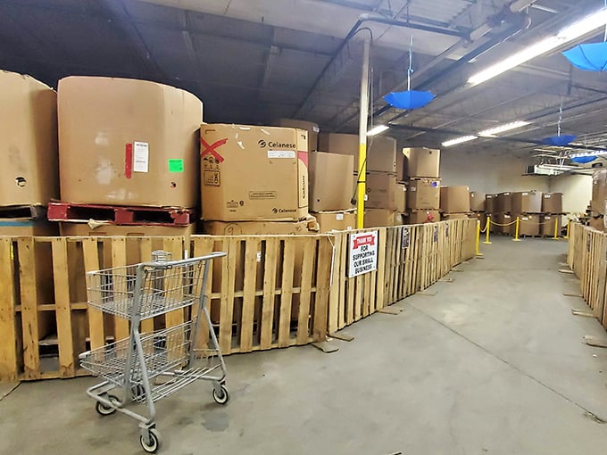 Behind the literary curtain: where books wait for their second act. That shopping cart isn't for groceries—it's for hauling your paper-and-ink treasures to their forever home.