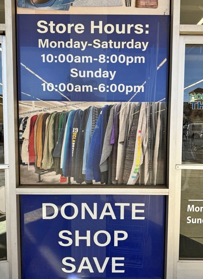 "Donate, Shop, Save"—three simple words that sum up the virtuous cycle of thrifting and the store's generous hours.
