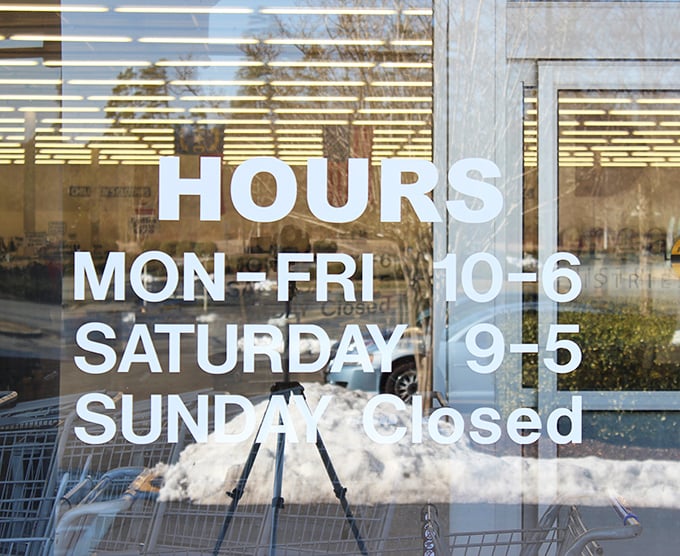 Even the store hours sign feels welcoming. Monday through Saturday to hunt for treasures, Sunday to rest and plan your next expedition.