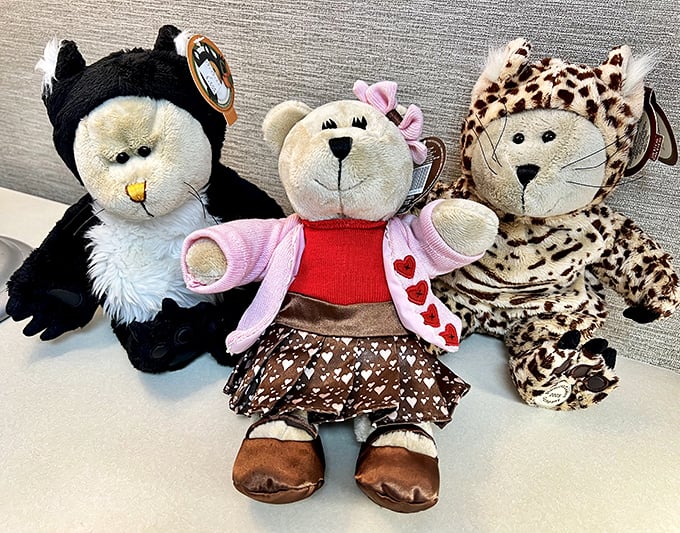 These stuffed animals aren't just cute—they're waiting to be rescued. That bear in the middle has "favorite childhood companion" written all over it.