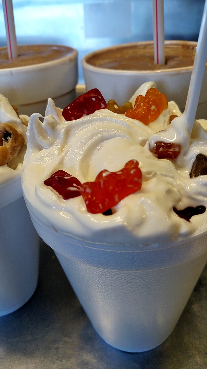 Milkshakes topped with gummy bears—proof that sometimes the inner child should win the dessert debate. Thick enough to make your straw stand at attention.