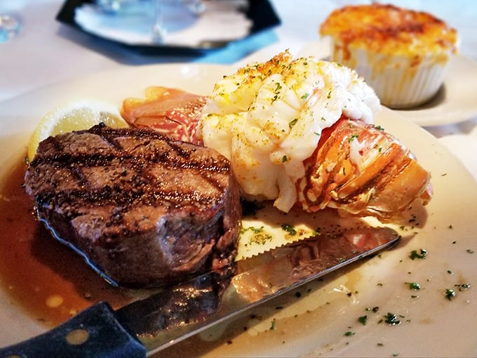 Surf meets turf in perfect harmony: a tender filet alongside a lobster tail that practically begs to be dunked in drawn butter.