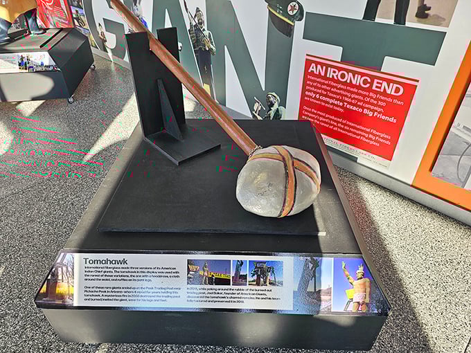 This fiberglass tomahawk once belonged to a giant Native American figure. Now it rests peacefully in the museum, having retired from decades of silent sentinel duty.