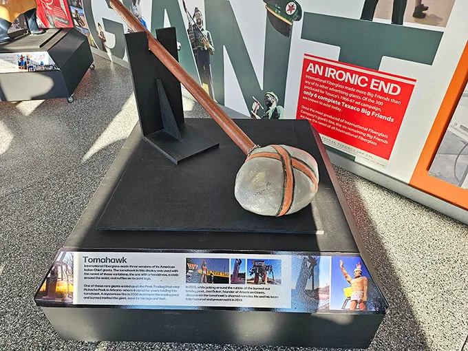 This fiberglass tomahawk once belonged to a giant Native American figure. Now it rests peacefully in the museum, having retired from decades of silent sentinel duty.