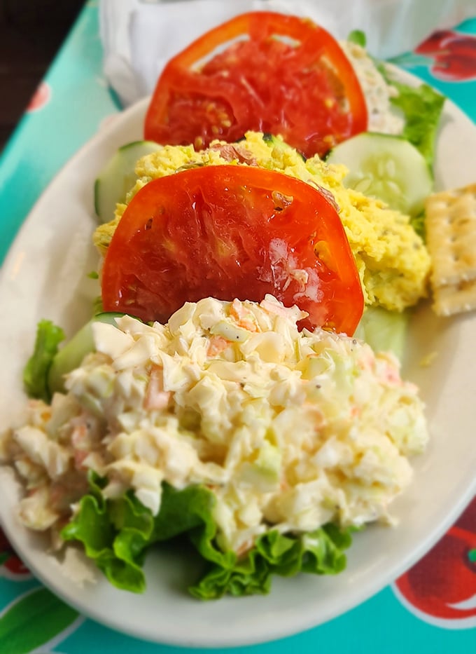 A summer plate that whispers "slow down" with each bite—creamy tuna salad, garden-fresh tomatoes, and cucumbers crisp enough to snap.