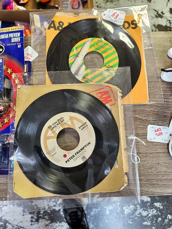 Music archaeology at its finest—these 45s contain forgotten hits and memories, each scratch and groove telling stories of dance floors past.