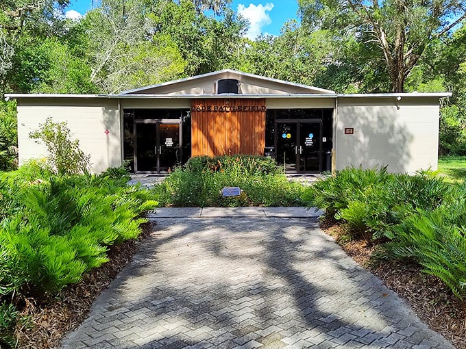The visitor center welcomes explorers with native landscaping and exhibits that bring the Second Seminole War to life.