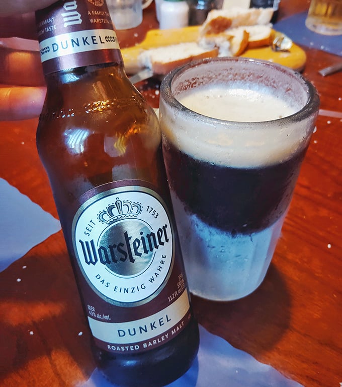 Nothing complements German cuisine like a proper German beer. That Warsteiner Dunkel looks dark enough to have its own philosophical viewpoint.