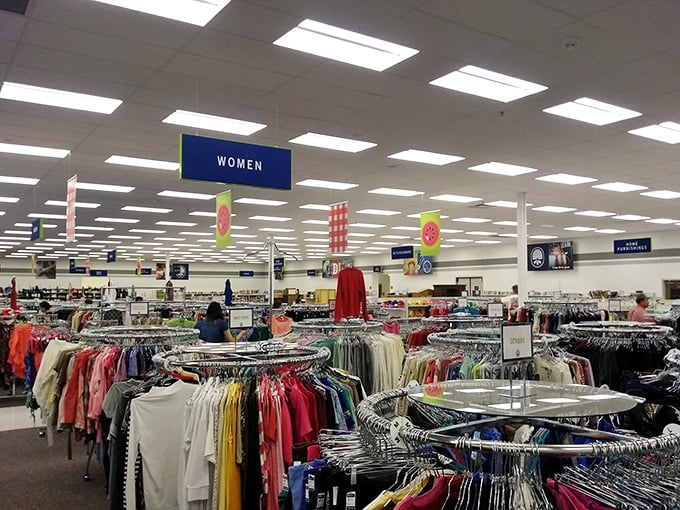 The women's department beckons with circular racks of possibility—each hanger a potential fashion revelation waiting to be discovered.